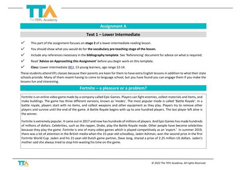 Distinction Pass The Tefl Academy Assignment A Text 1 Lower Intermediate Fortnite Solutions