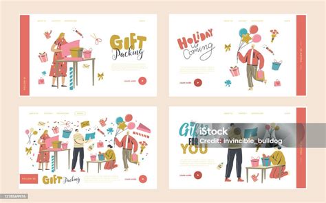 휴일 축하 방문 페이지 템플릿 세트에 대한 문자를 만들고 포장 선물 생일 축하 포장지에 대한 스톡 벡터 아트 및 기타 이미지 포장지 탁자 가족 Istock