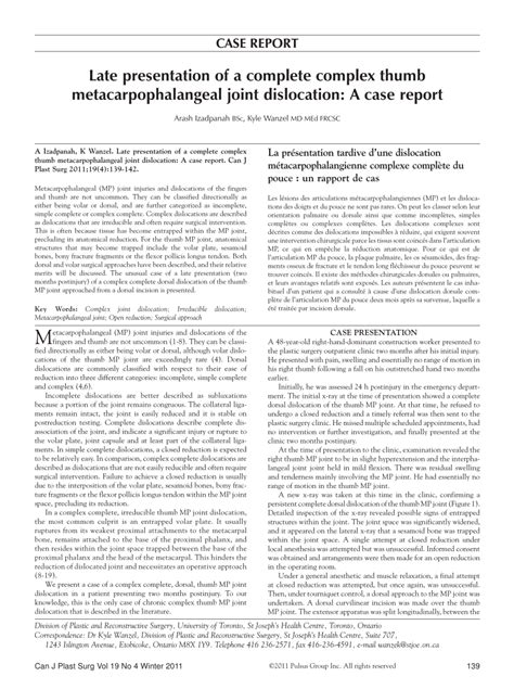 Pdf Late Presentation Of A Complete Complex Thumb Metacarpophalangeal Joint Dislocation A
