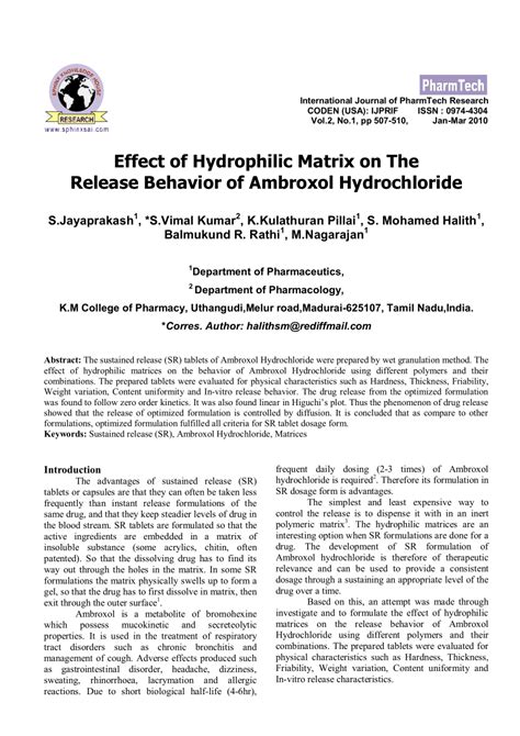 Pdf Effect Of Hydrophilic Matrix On The Release Behavior Of Ambroxol Hydrochloride