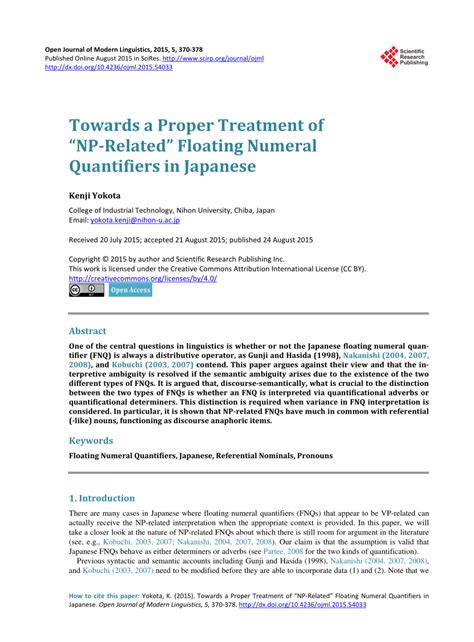 Pdf Towards A Proper Treatment Of Np Related” Floating Numeral Quantifiers In Japanese