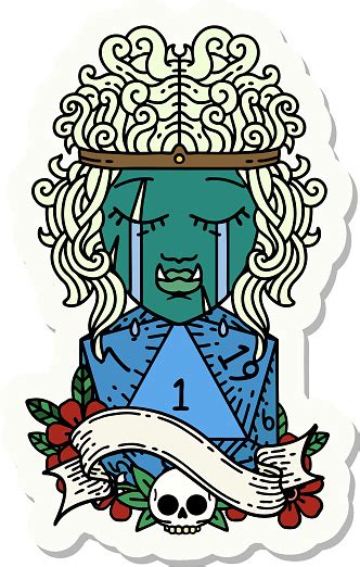 울고 오크 야만인 캐릭터 얼굴 자연 하나의 D20 롤 스티커와 함께 굴리기에 대한 스톡 벡터 아트 및 기타 이미지 굴리기