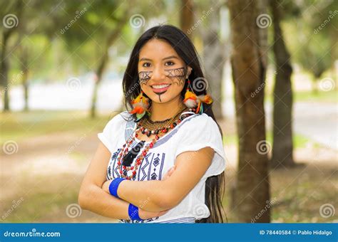 Beautiful Amazonian Woman With Indigenous Facial Paint And White