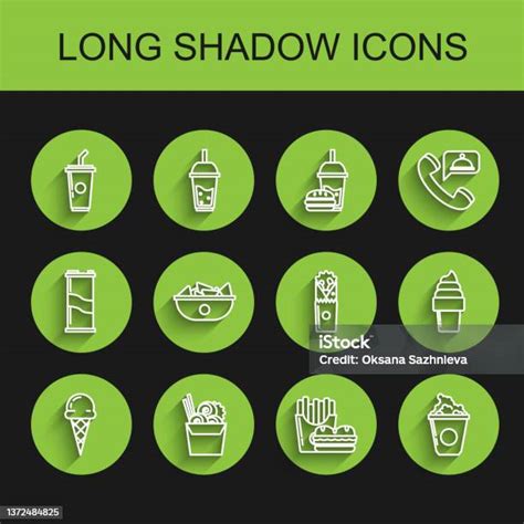 와플 콘에 세트 라인 아이스크림 마시는 빨대 물을 종이 유리 버거 감자 튀김 판지 패키지 팝콘 골판지 나초 접시 도너 케밥 아이콘 벡터 감자 요리에 대한 스톡 벡터 아트 및