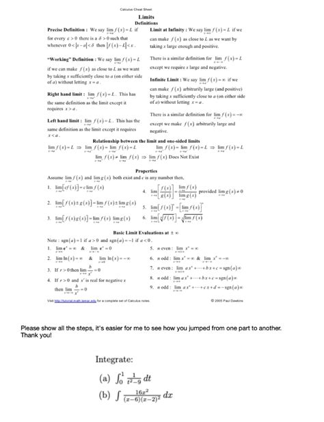 Solved Calculus Cheat Sheet Limits Definitions Precise