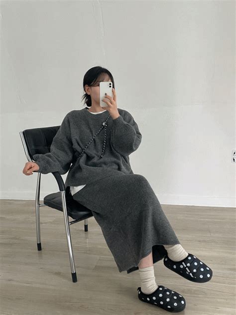 [44 120 까스럼 ] 오버핏 울 라운드 니트 롱 스커트 세트 3colors 임부복 빅사이즈 니트 롱 스커트 롱 라운드니트티 임산부 에이블리