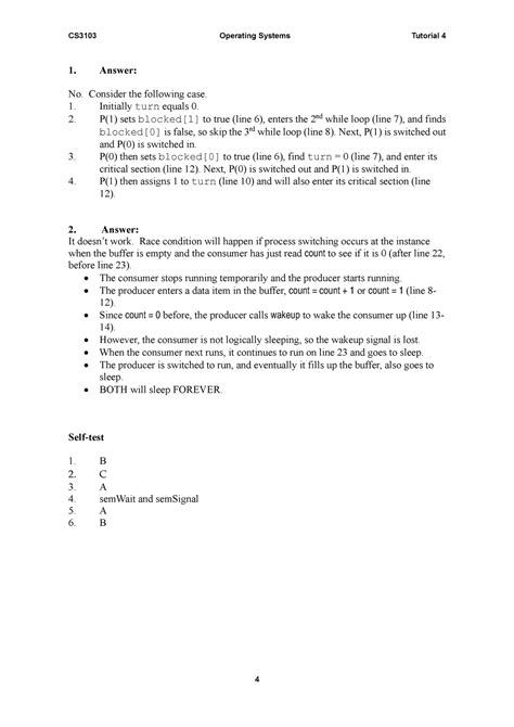 Cs3103 16B Tut4a CS3103 1 Operating Systems Tutorial 4 Answer No