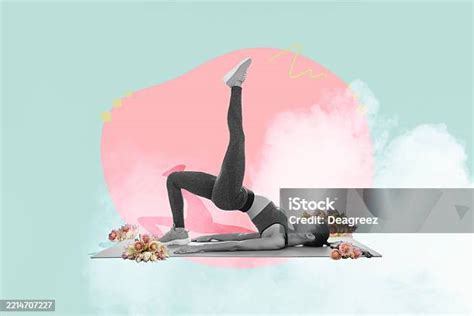 트렌드 삽화 스케치 합성 사진 콜라주 봄 시즌 꽃 자연 Pms 젊은 여자 모델 포즈 균형을 유지하다 요가 필라테스 스포츠 30 34세에 대한 스톡 사진 및 기타 이미지