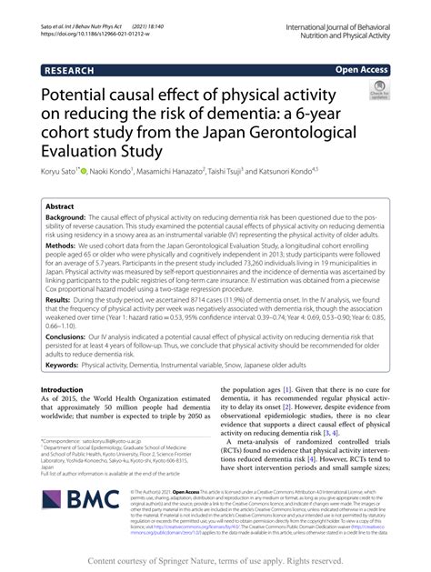 Pdf Potential Causal Effect Of Physical Activity On Reducing The Risk Of Dementia A 6 Year