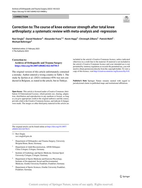 Pdf Correction To The Course Of Knee Extensor Strength After Total Knee Arthroplasty A