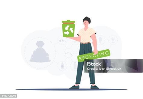 생태학 및 재활용의 개념 한 남자가 쓰레기통을 손에 쥐고 있습니다 벡터 일러스트 레이 션 플랫 트렌디 스타일 가방에 대한 스톡 벡터 아트 및 기타 이미지 Istock