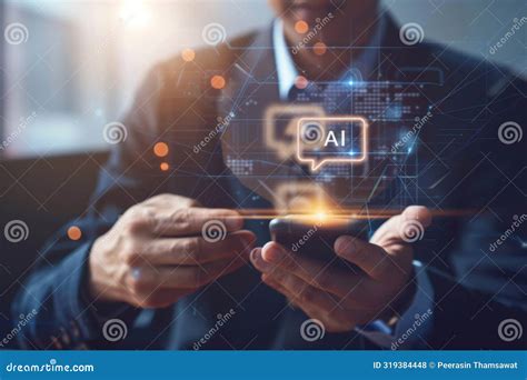 Ai Generative Image Of Man Using Ai Phone With Virtual Digital Chatbot Robot Application