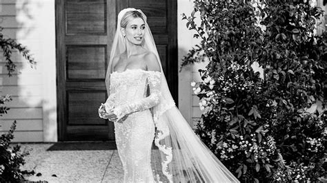 All The Details Of Hailey Biebers Custom Virgil Abloh Wedding Dress Harpers Bazaar Arabia