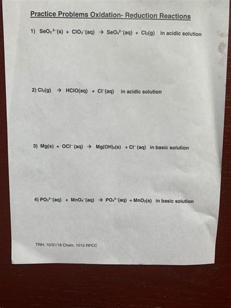 Solved Practice Problems Oxidation Reduction Reactions 1 Chegg Com