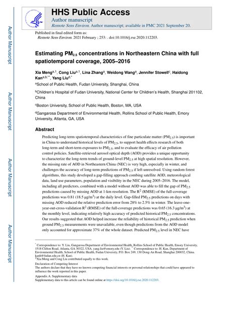 Pdf Estimating Pm2 5 Concentrations In Northeastern China With Full Spatiotemporal Coverage