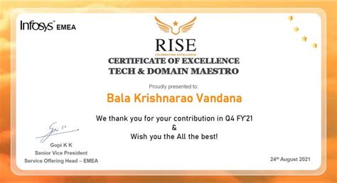 Bala Krishnarao Vandana On Linkedin Infosys Emea Rise Award 27 Comments