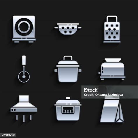 요리 냄비 슬로우 쿠커 커피 콩 봉지 토스터 주방 추출기 팬 피자 나이프 강판 및 전기 스토브 아이콘을 설정합니다 벡터 가방에 대한 스톡 벡터 아트 및 기타 이미지 Istock