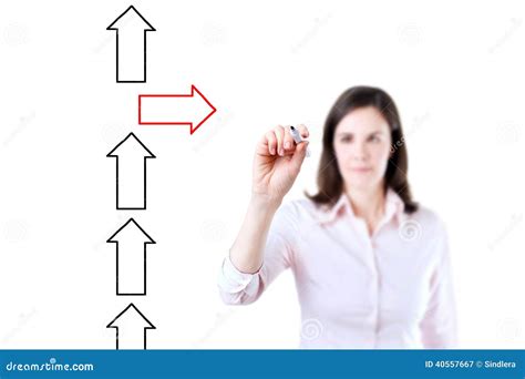 Businesswoman Drawing Arrows In Different Directions Isolated On White Stock Image Image Of