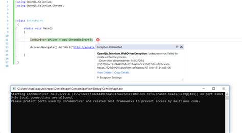 c unhandled exception openqa selenium webdriverexception unknown