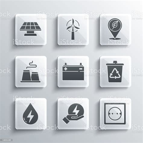 번개 볼트 전기 콘센트 재활용 쓰레기통 자동차 배터리 물 에너지 공장 태양 전지 패널 및 위치 잎 아이콘을 설정합니다 벡터 제어판에 대한 스톡 벡터 아트 및 기타 이미지