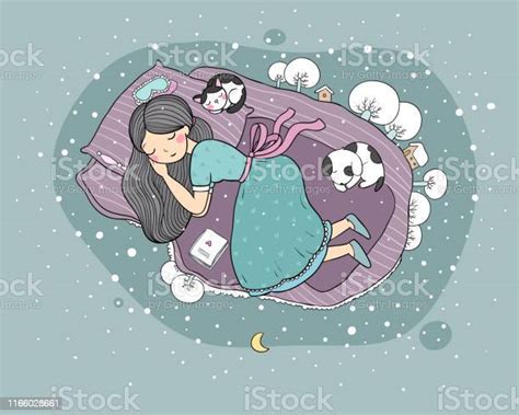 침대에서 여자와 고양이 잠자는 안녕히 주무세요 좋은 꿈꾸세요 벡터 그림입니다 취침 시간 흰색 배경에 격리된 개체입니다 담요에 대한 스톡 벡터 아트 및 기타 이미지 Istock