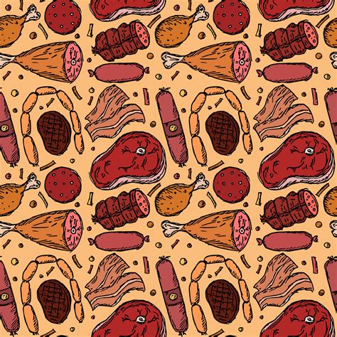 Seamless Meat Pattern Colored Meat Background Doodle Vector