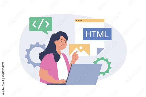 programming concept in modern flat design for web woman working with html computer languages at