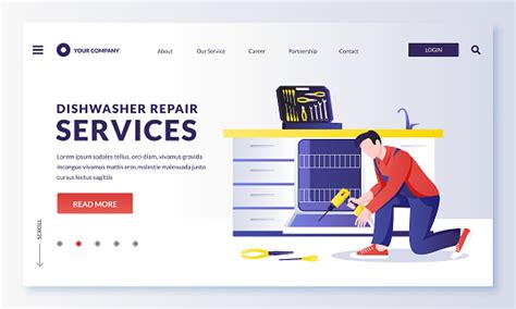 식기 세척기 기계 수리 서비스 정비사 또는 배관공 작업자는 주방 전기 장비를 수정합니다 벡터 일러스트레이션 주방용 기기에 대한 스톡 벡터 아트 및 기타 이미지 Istock