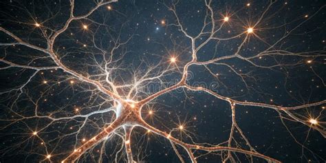 Detailed Structure Of A Neuron Illuminated With Glowing Connections In A Dark Background Stock