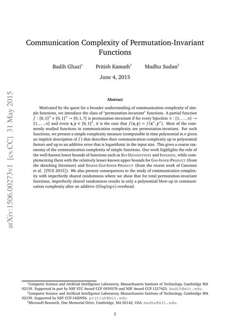 Pdf Communication Complexity Of Permutation Invariant Functions