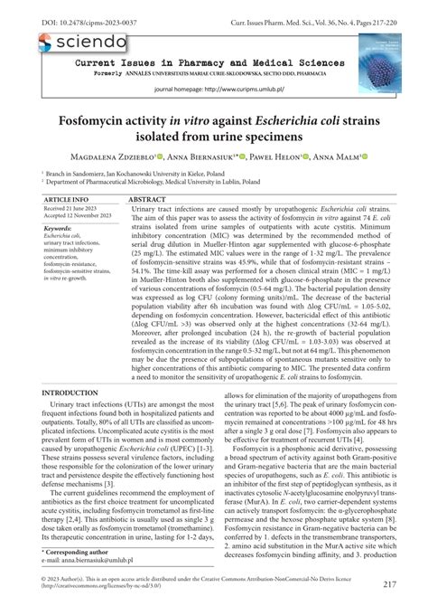 Pdf Fosfomycin Activity In Vitro Against Escherichia Coli Strains