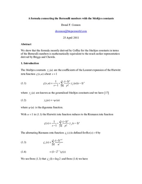 Pdf A Formula Connecting The Bernoulli Numbers With The Stieltjes Constants