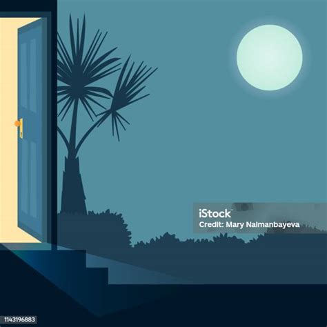 ภาพประกอบการ์ตูนเวกเตอร์บ้านนอกแนวคิดที่มีประตูทางเข้าเปิดตอนดึก พื้นหลังที่มีสวนบ้านท ภาพประกอบ