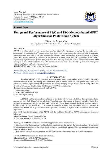 Pdf Design And Performance Of Pando And Pso Methods Based Mppt Algorithms For Photovoltaic System