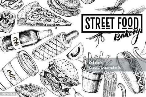 손으로 그린된 패스트 푸드 배너입니다 길거리 음식의 베이커리 햄버거 핫도그 감자 튀김 피자 커피 소 다 베이글 도넛 야채 그리고