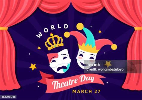 세계 연극의 날 벡터 일러스트 레이 션 3 월 27 일 마스크와 빨간 커튼 평면 만화 배경에서 공연 예술과 엔터테인먼트를 보존하기 위해 British Pantomime