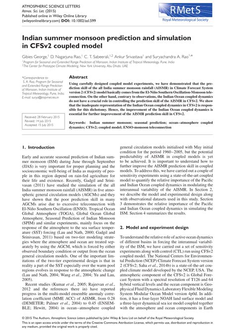 Pdf Indian Summer Monsoon Prediction And Simulation In Cfsv2 Coupled Model