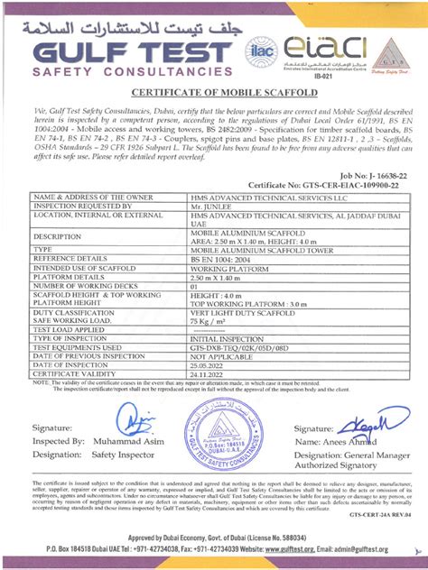 Mobile Scaffold Certificate Pdf