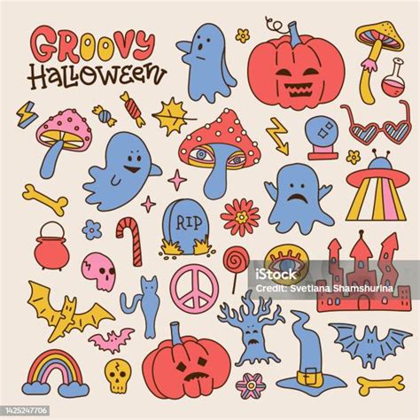 레트로 70 년대 60 년대 히피 그루비 할로윈 세트 재미있는 유령 호박 꽃 히피 감정 요소 인쇄 컬렉션 벡터 윤곽선 손으로 그린 그림입니다 할로윈에 대한 스톡 벡터 아트