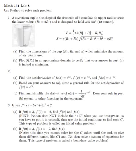 Solved Math 151 Lab 8 Use Python To Solve Each Problem 1 A Chegg