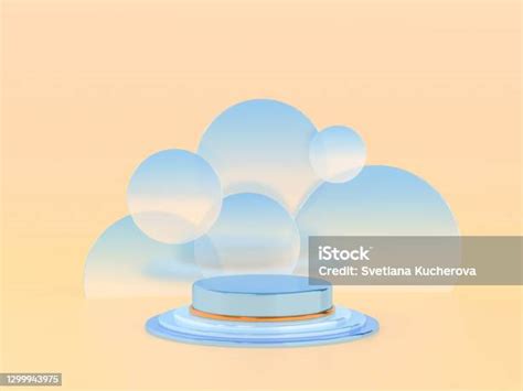 광택 표면과 파란색의 둥근 연단 기하학적 모양의 제품을 선보이기 위한 플랫폼입니다 베이지 색 배경의 장면 3d 렌더 0명에 대한 스톡 사진 및 기타 이미지 Istock