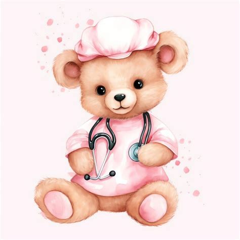 아름다운 간호사 테디 핑크 테디 베어 수채화 클립 아트 그림 프리미엄 사진