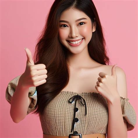 Premium Photo Portrait Happy Asian Cute Woman Shows Thumb Up And