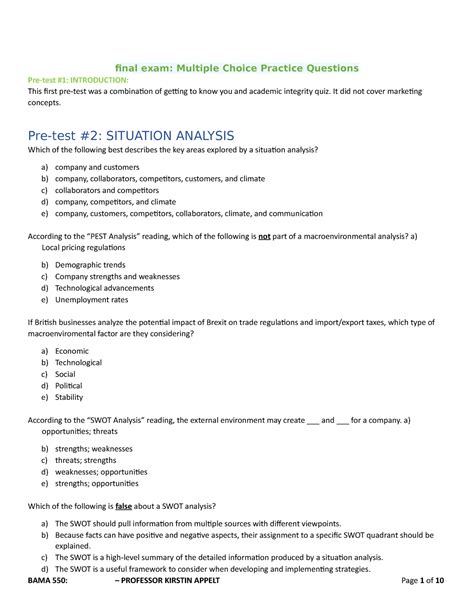 Final Exam Multiple Choice Practice Questions Pre Test 1 Introduction This First Pre Test Was A