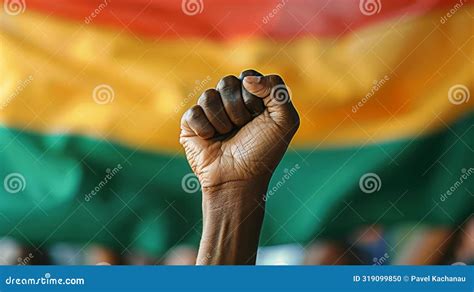 Individual Raising Fist In Front Of South African Flag Stock Photo