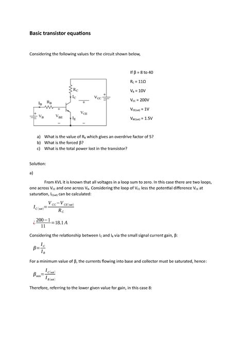 Basic Transistor Equations Basic Transistor Equations Considering The Following Values For The
