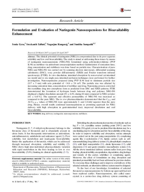 Pdf Formulation And Evaluation Of Naringenin Nanosuspensions For Bioavailability Enhancement