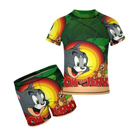 Tom And Jerry Boys 2 Piece Swimsuit Set Short Sleeve Rash Guard And Swim
