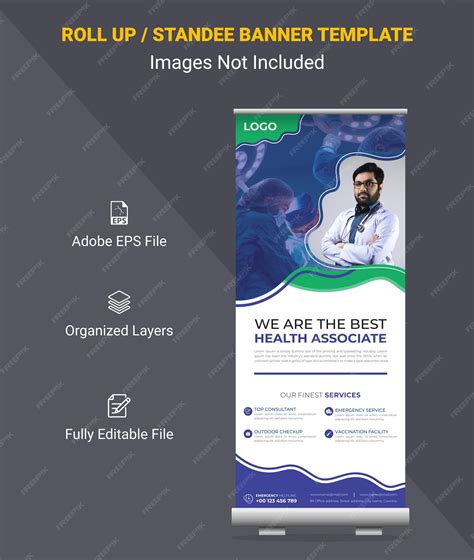 건강 동료 의료 병원 롤업 또는 Standee 배너 디자인 프리미엄 벡터