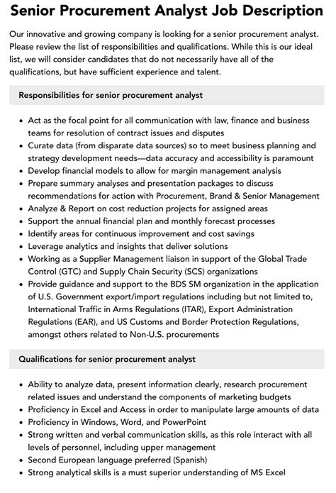Senior Procurement Analyst Job Description Velvet Jobs